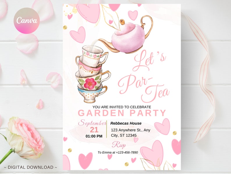 Pink Teacup Garden Tea Party Invitation let's Par-tea Template With ...