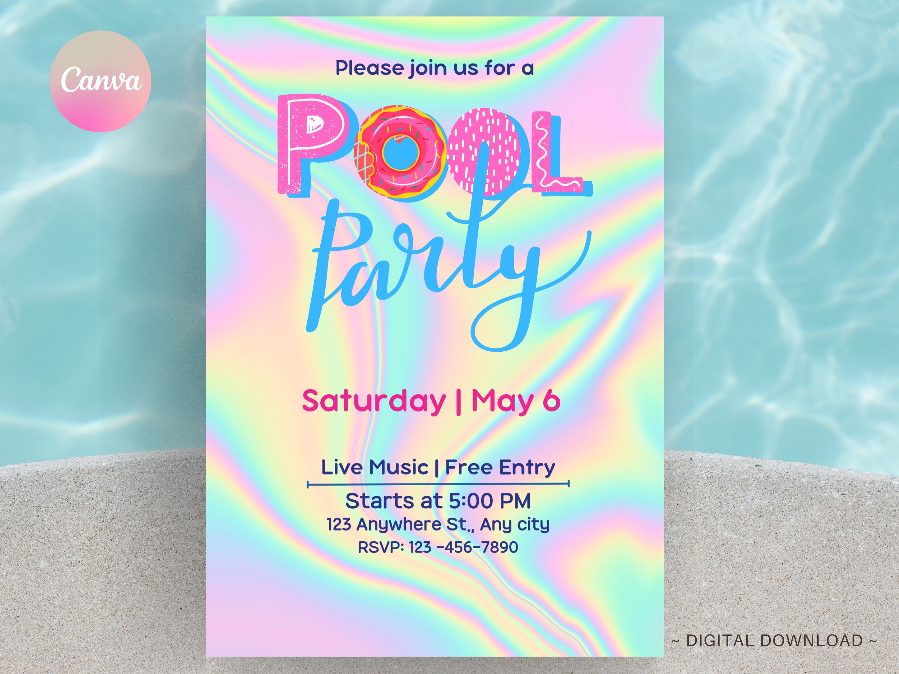 Neon Aqua Pool Party Birthday Invitation Editable & - Etsy