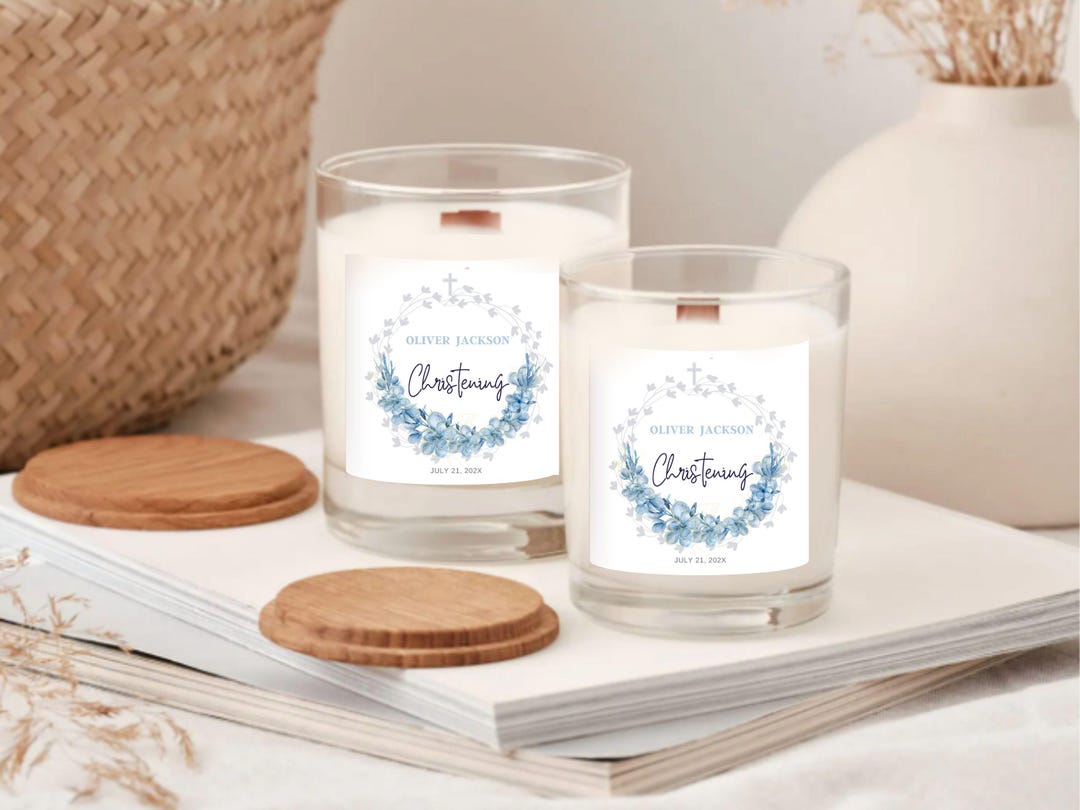 Blue Magnolias Christening CANDLE Label, Blue Baptism Label Printable ...