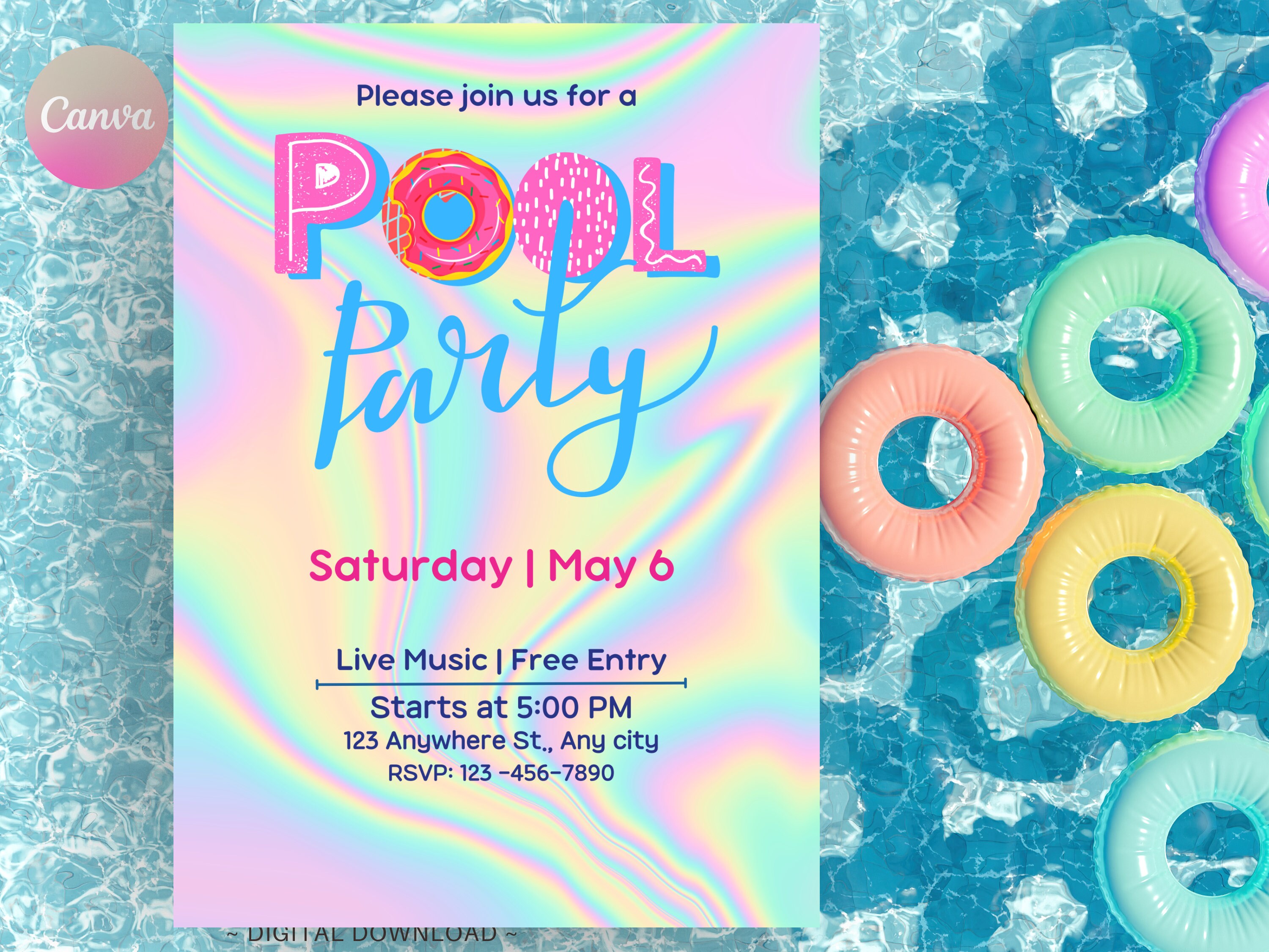 Neon Aqua Pool Party Birthday Invitation Editable & - Etsy