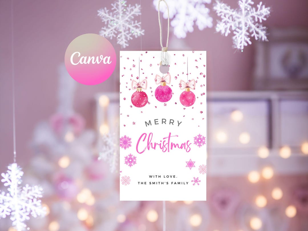 Pink Christmas Favor Tag Printable, Editable Christmas Balls Canva Bag ...