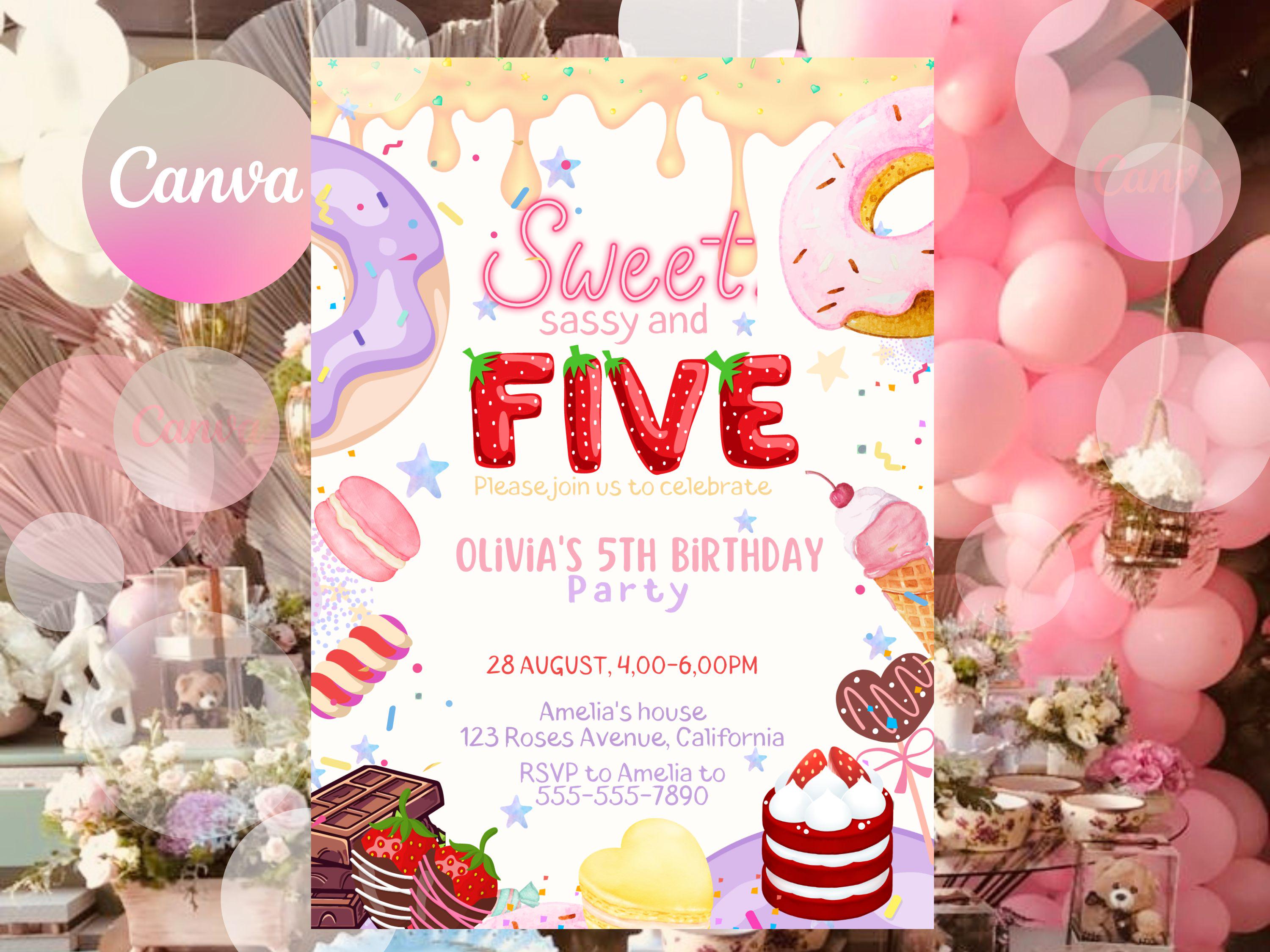 Sweet Five Birthday Invitation, 5th Girl Party Invite, Girl Sweet and ...