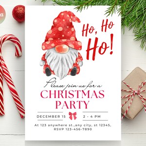 Christmas Gnome Invitation Printable Template, Ho,ho,ho Editable Text ...