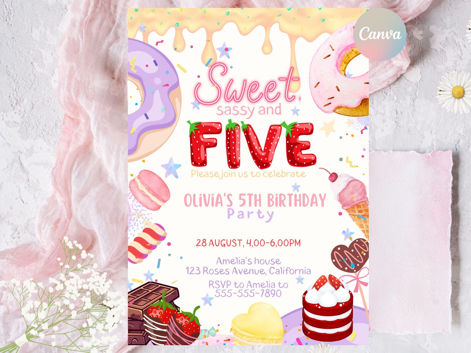 Sweet Five Birthday Invitation, 5th Girl Party Invite, Girl Sweet and ...