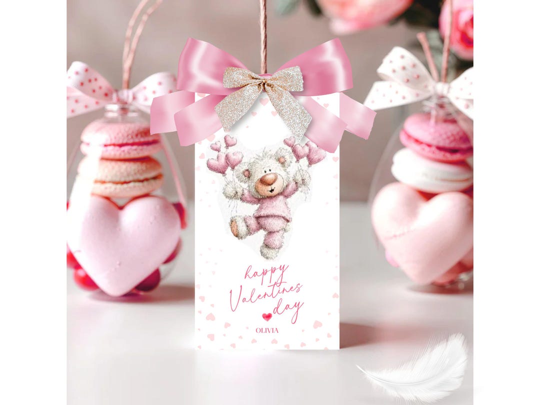 Editable Teddy Bear Valentines Day Gift Tag, Digital Pink Hearts ...