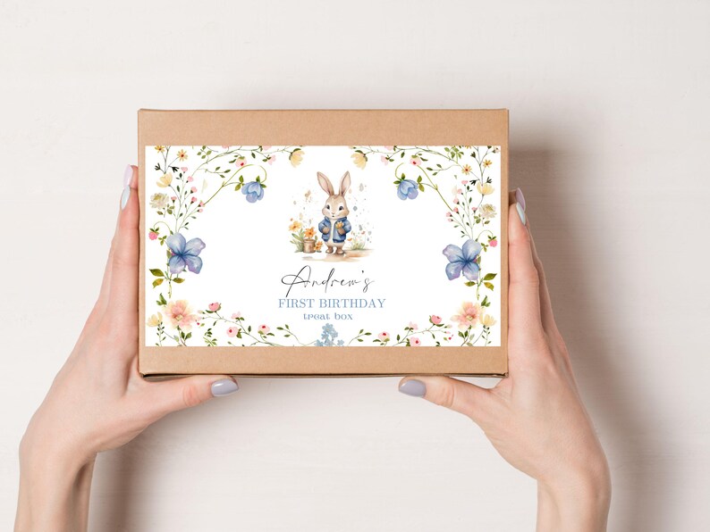 Boy Cute Bunny 1st Birthday Box Label, Blue Floral Treat Box Label ...
