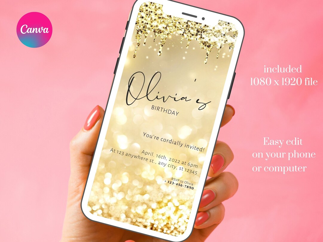 Gold Sparkle Mobile Birthday Invitation Girl Digital Electronic Phone ...