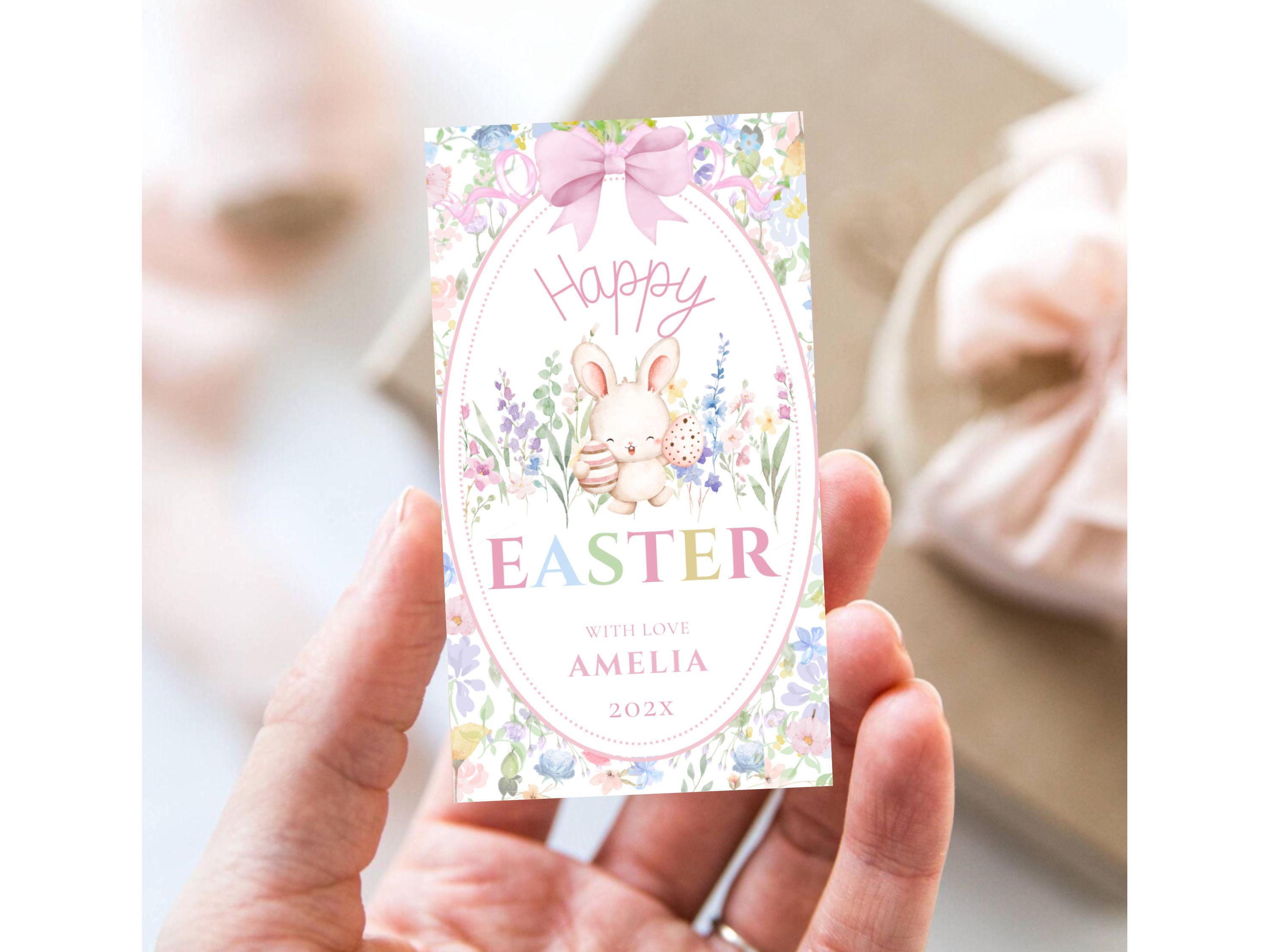 Floral Easter Bunny Gift Tag Template, Printable Pink Bow Floral Frame ...