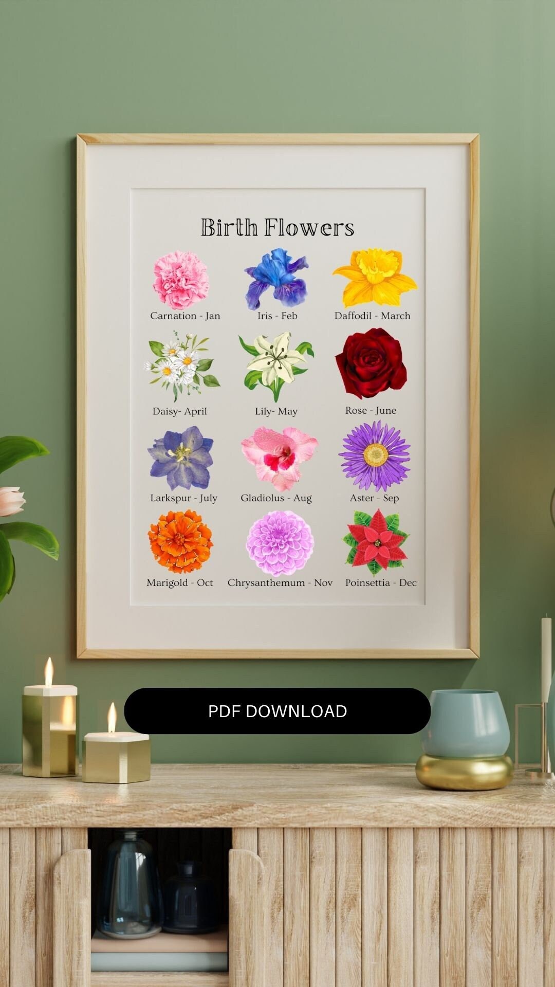 Birth Flower Chart Printable PDF Download Wall Hanging Office Nursery ...