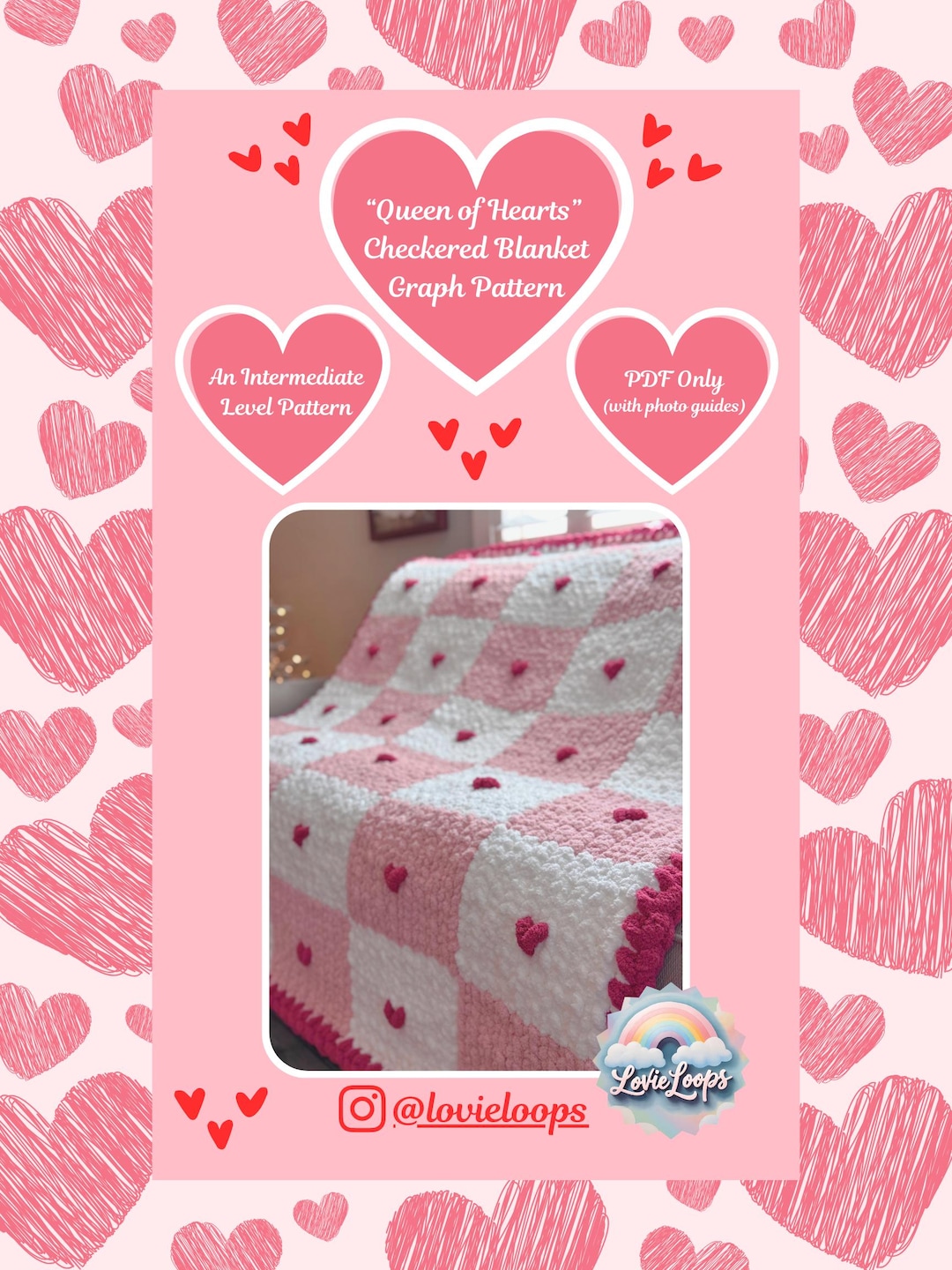 Queen of Hearts Checkered Blanket Pattern – Finger Knit Graph Pattern ...