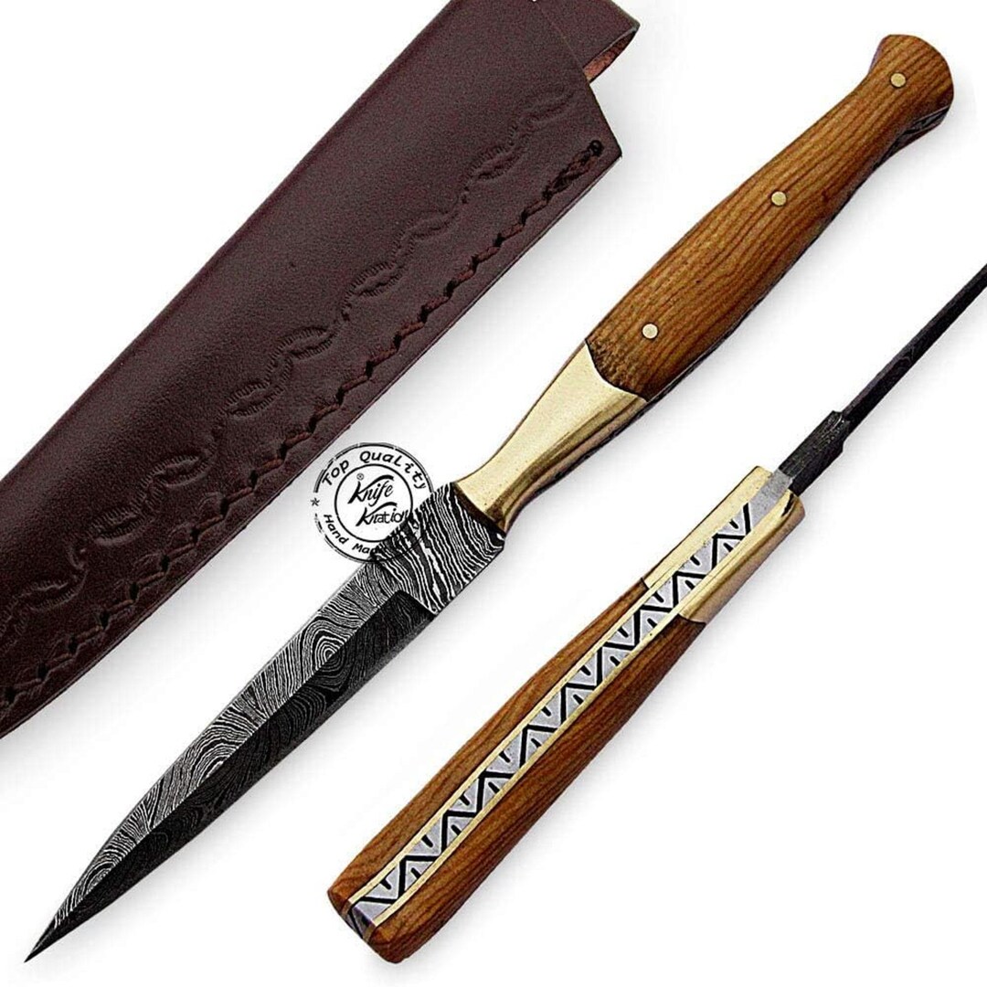 Beautiful Olive Wood Damascus Slim Dagger Hunting Knife, Double Edge ...