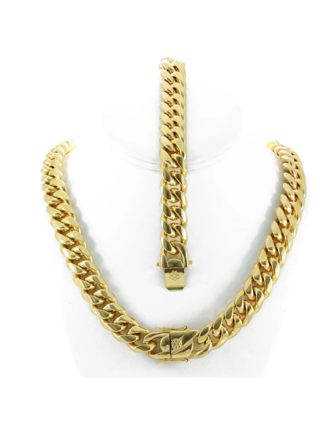 16mm Men s Miami Cuban Link Bracelet Chain Set 18k Gold Stainless Steel Etsy