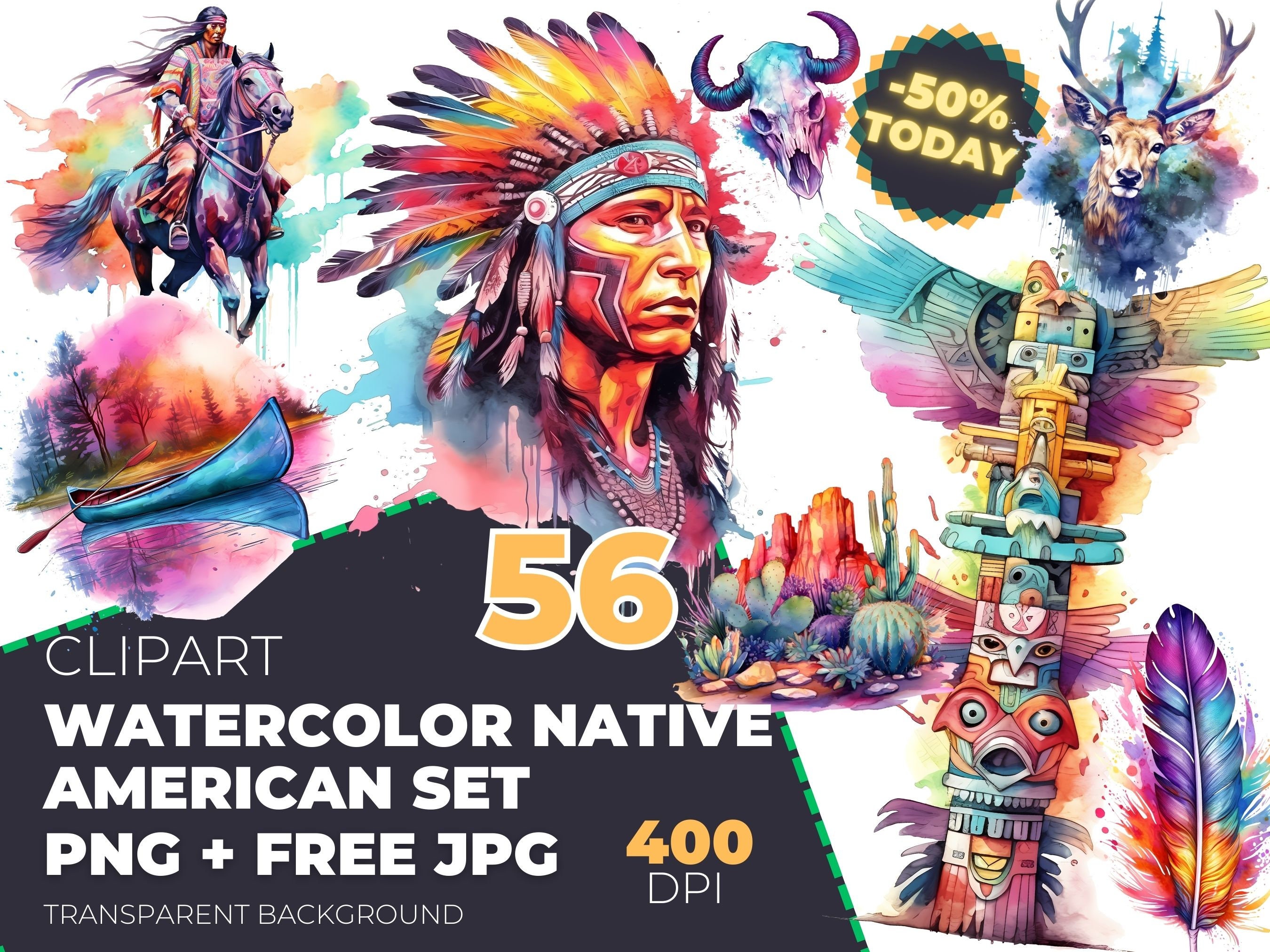 Native American Watercolor Clipart Indian PNG Bison Wolf - Etsy