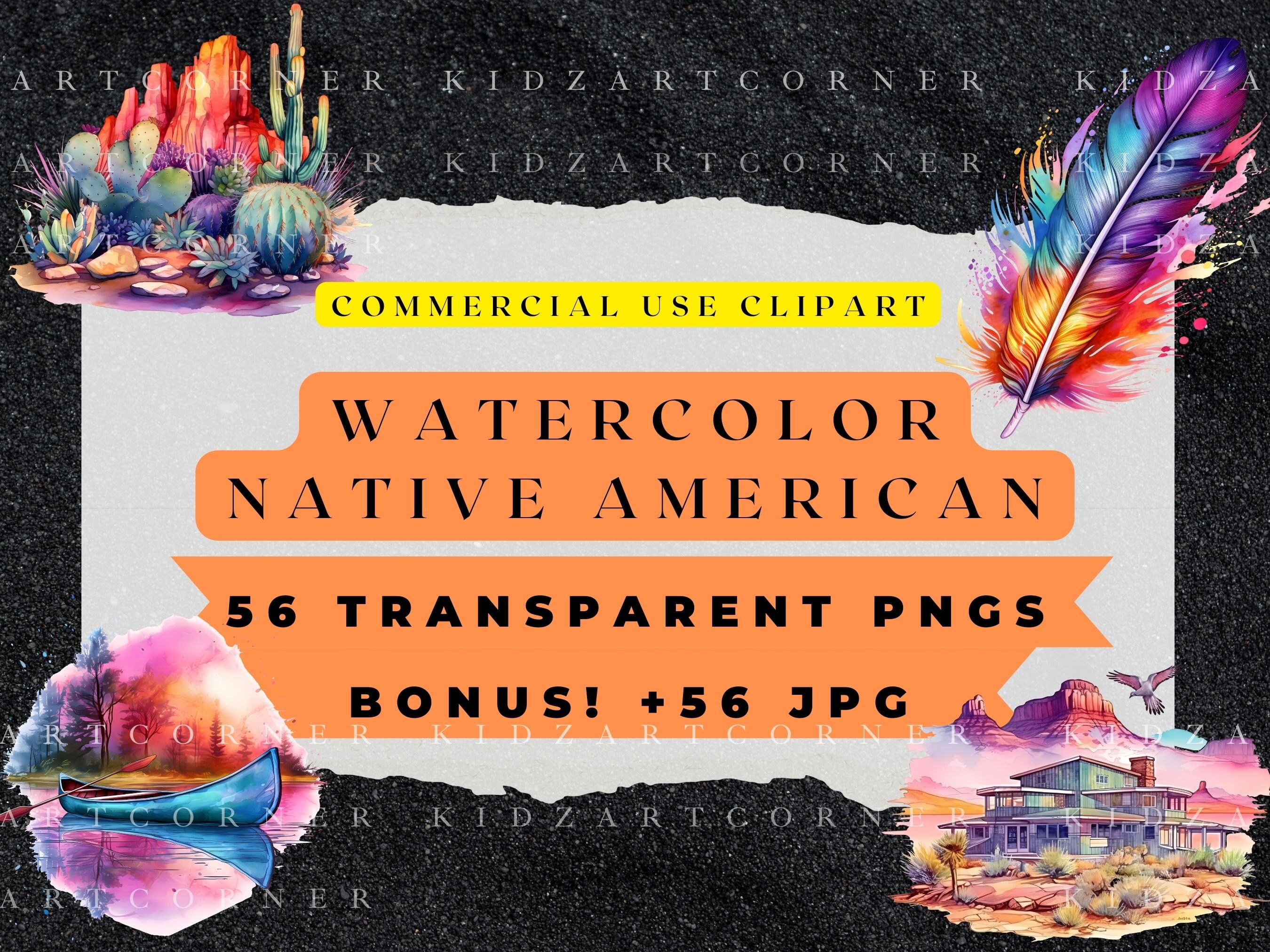 Native American Watercolor Clipart Indian PNG Bison Wolf Desert Cactus ...