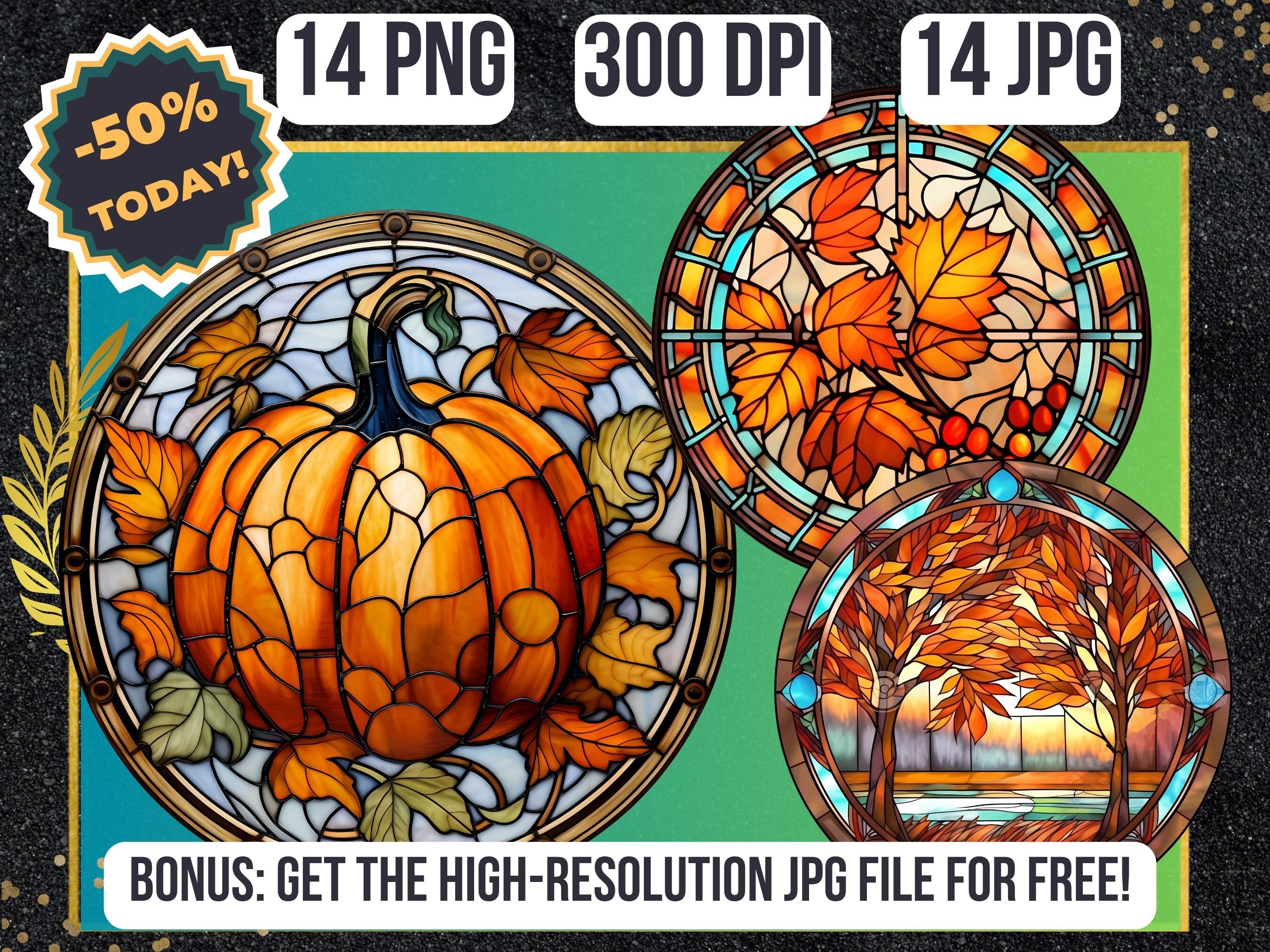 Stained Glass Fall Autumn Clipart Floral Stain Glass Pumpkin - Etsy