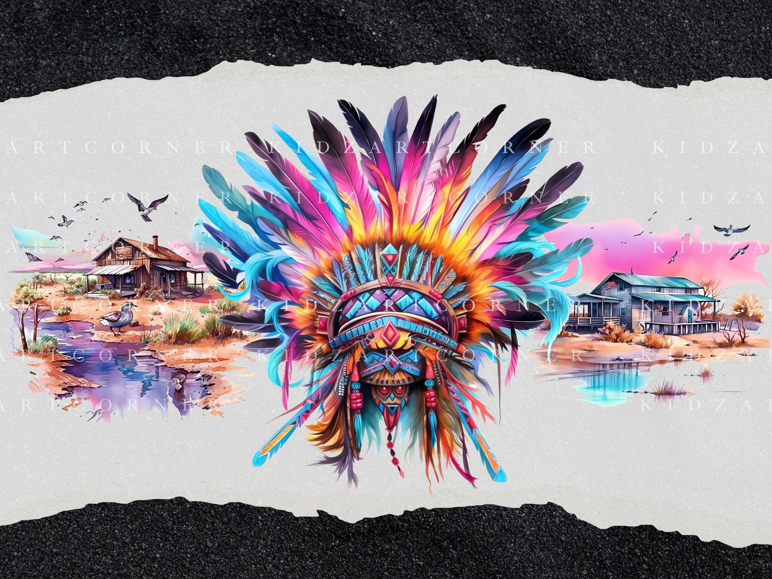 Native American Watercolor Clipart Indian PNG Bison Wolf Desert Cactus ...