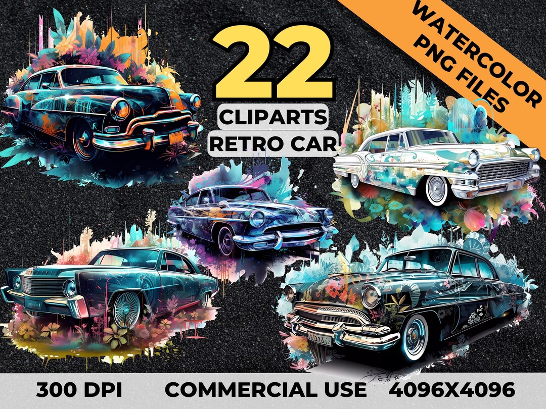 22 Retro Cars Clipart Watercolor Old Car Retro, Vintage Car Digital ...