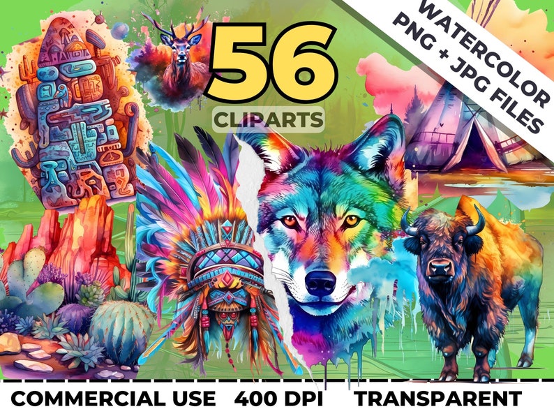 Native American Watercolor Clipart Indian PNG Bison Wolf Desert Cactus ...