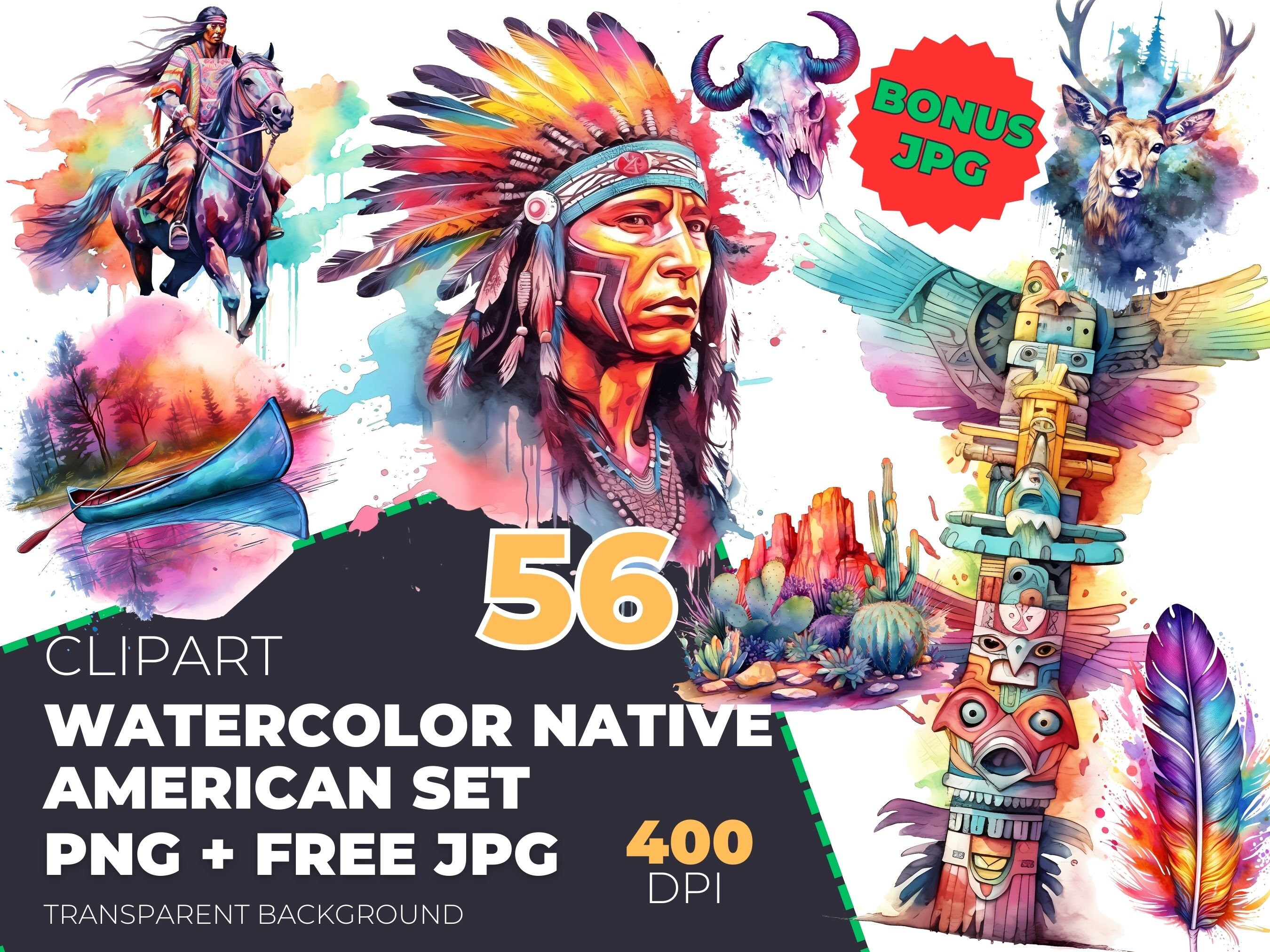 Native American Watercolor Clipart Indian PNG Bison Wolf Desert Cactus ...