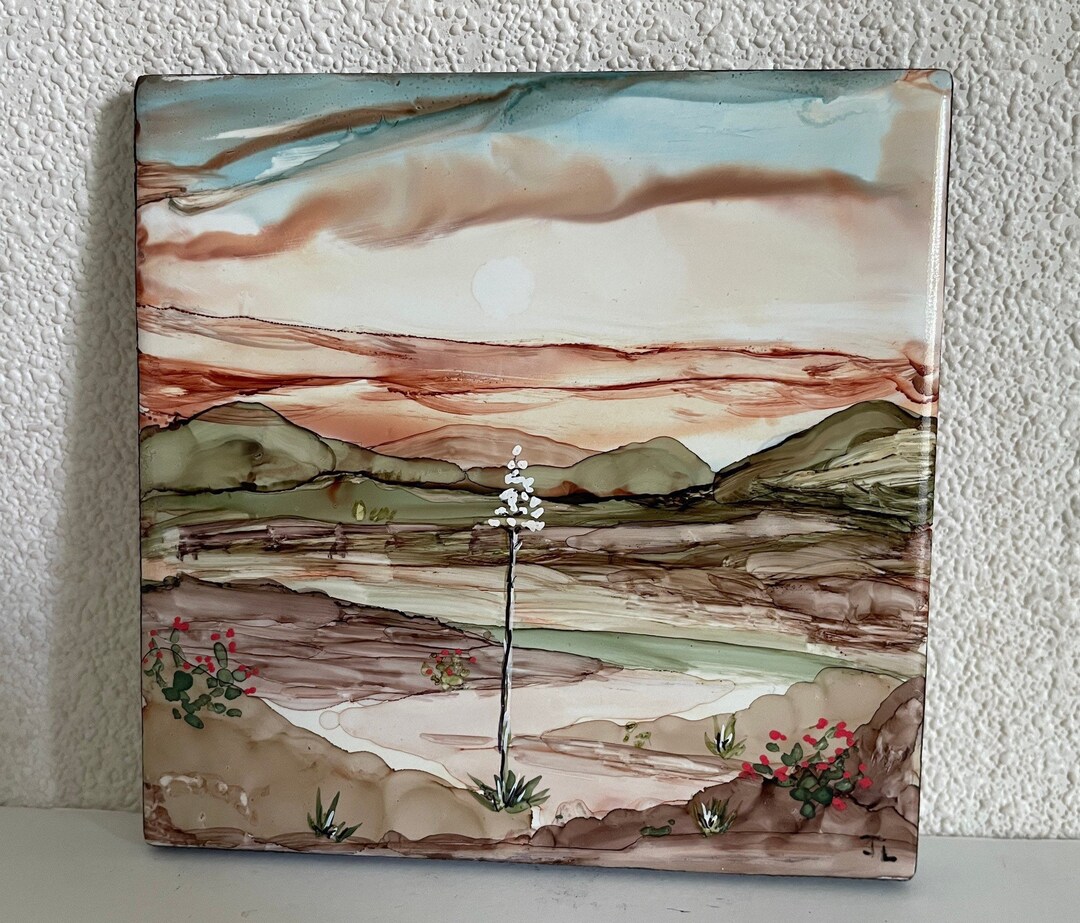 Desert Landscape, Alcohol Ink Painting on Ceramic Tile, Subtle Desert ...