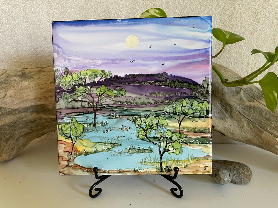 Lily Ponds. Large 6x6 Ceramic Tile Hand Painted With Alcohol Inks ...