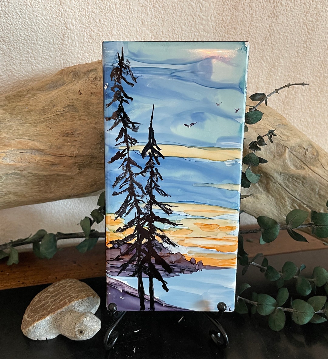 Twin Pines. Original Alcohol Ink on 3x6” Ceramic Art Tile, Epoxy ...