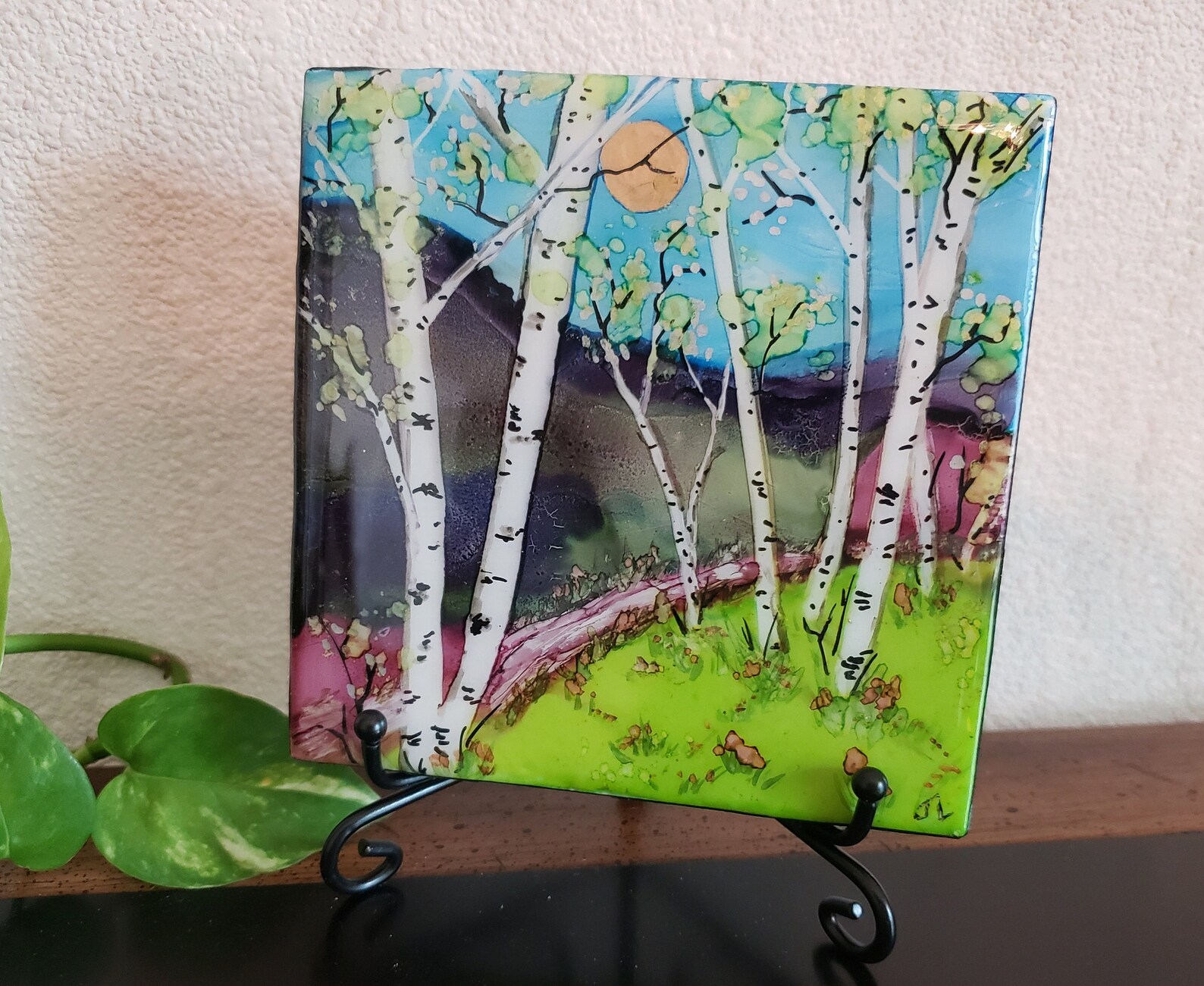 Birch Tree Alcohol Ink Tile Art: Golden Sun Landscape, 4" Easel Decor ...