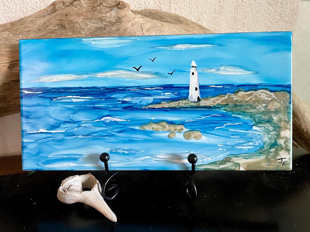 NEW! 4x8” Original Alcohol Ink Painted Tile. “lighthouse on the ...