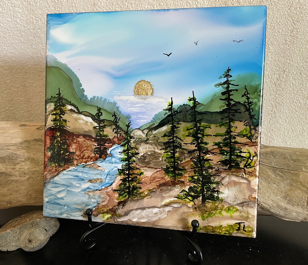 LARGE! Rocky Mountain Alcohol Ink Painting: Cabin Decor With Easel (6x6 ...