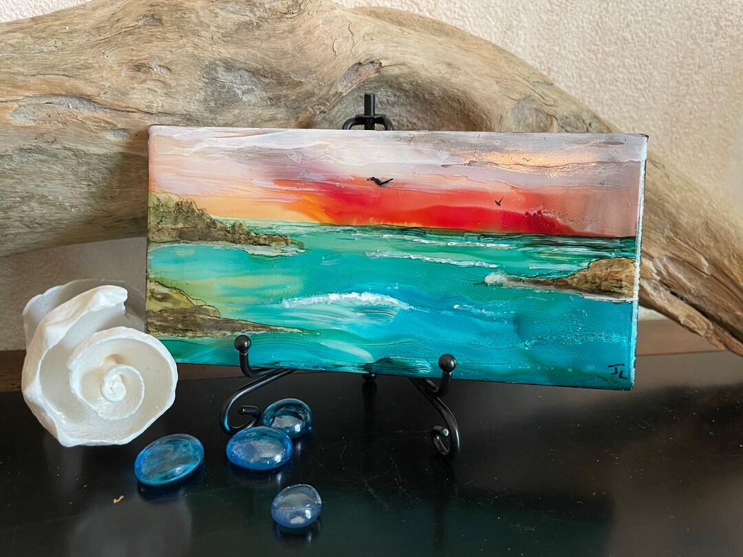 Stormy Seascape Sunset, 3x6” Epoxy Resined Ceramic Tile, Hand Painted ...
