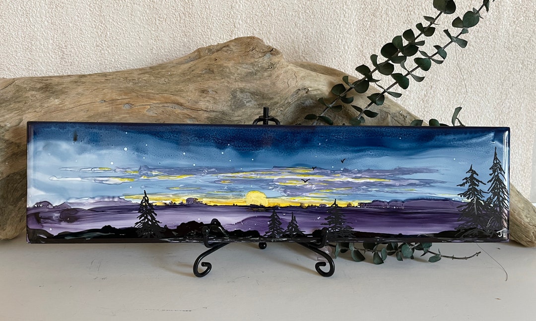 Nightfall. Wide 12x3 Ceramic Art Tile, Hand Painted With Alcohol Ink, Epoxy Resined and Cork ...
