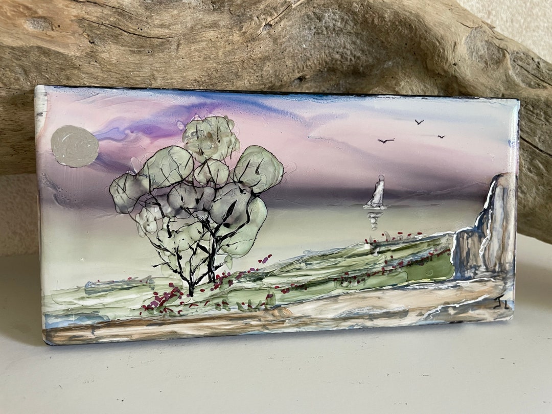 Twilight Sail. Alcohol Ink Painting on 3x6 Ceramic Tile With Epoxy ...