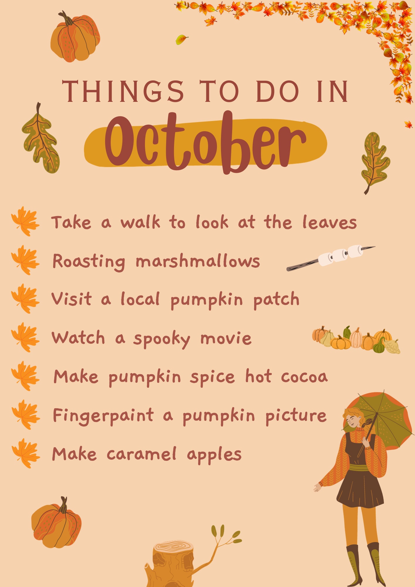Things to Do in October Poster, Autumn, Fall, Leaves, Pumpkin ...