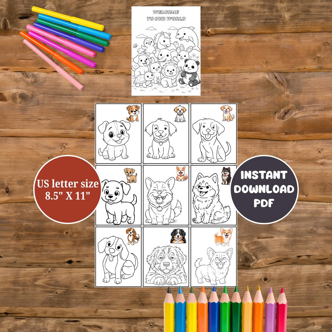 Dog Coloring Page for Kids Printable – Cute Puppy 9-box Coloring Sheet ...