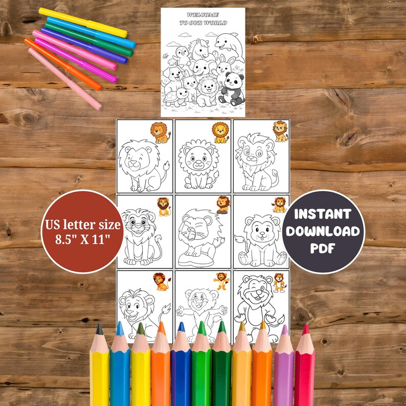 Lion Coloring Page for Kids Printable – Cute Lion 9-box Coloring Sheet ...