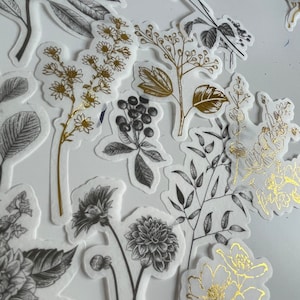 10 Black and White Gold Flower Sticker Pack Paper Stickers, Gold ...
