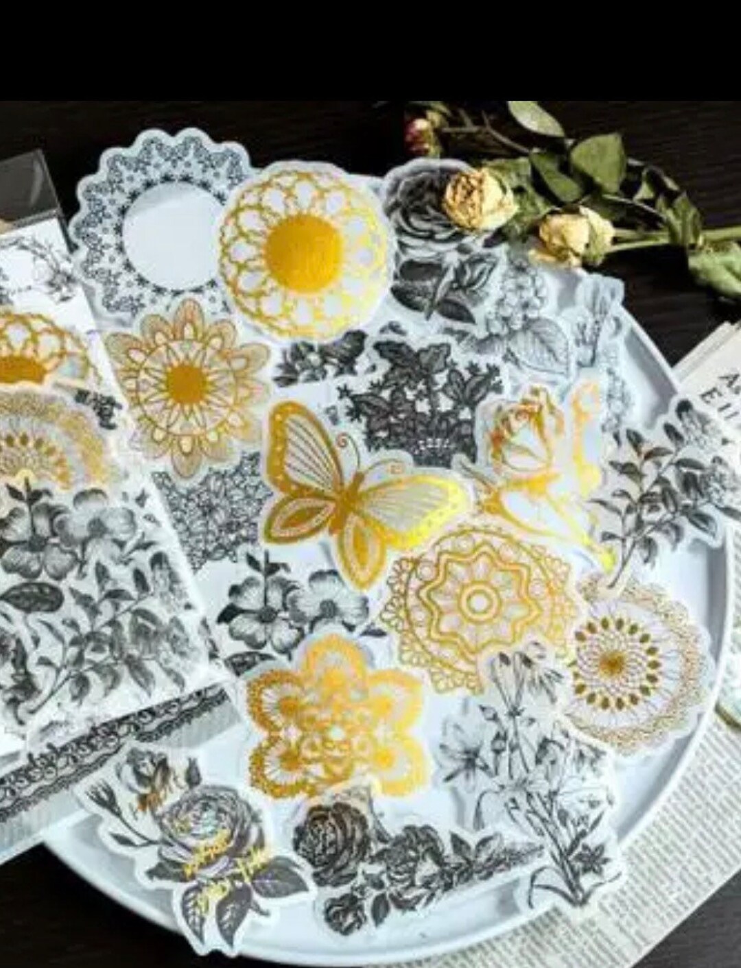 10 Black and White Gold Flower Sticker Pack | Waterproof Reusable Set ...