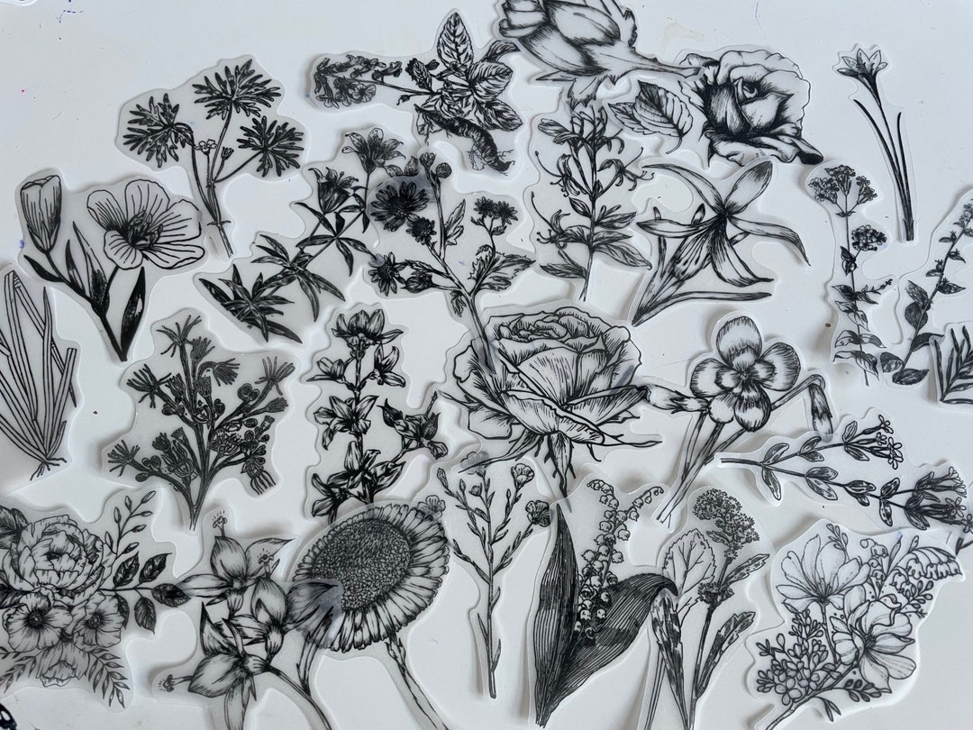 10 Black and White Flower Sticker Pack Waterproof Reusable Set Clear ...