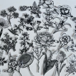 10 Black and White Flower Sticker Pack Waterproof Reusable Set Clear ...