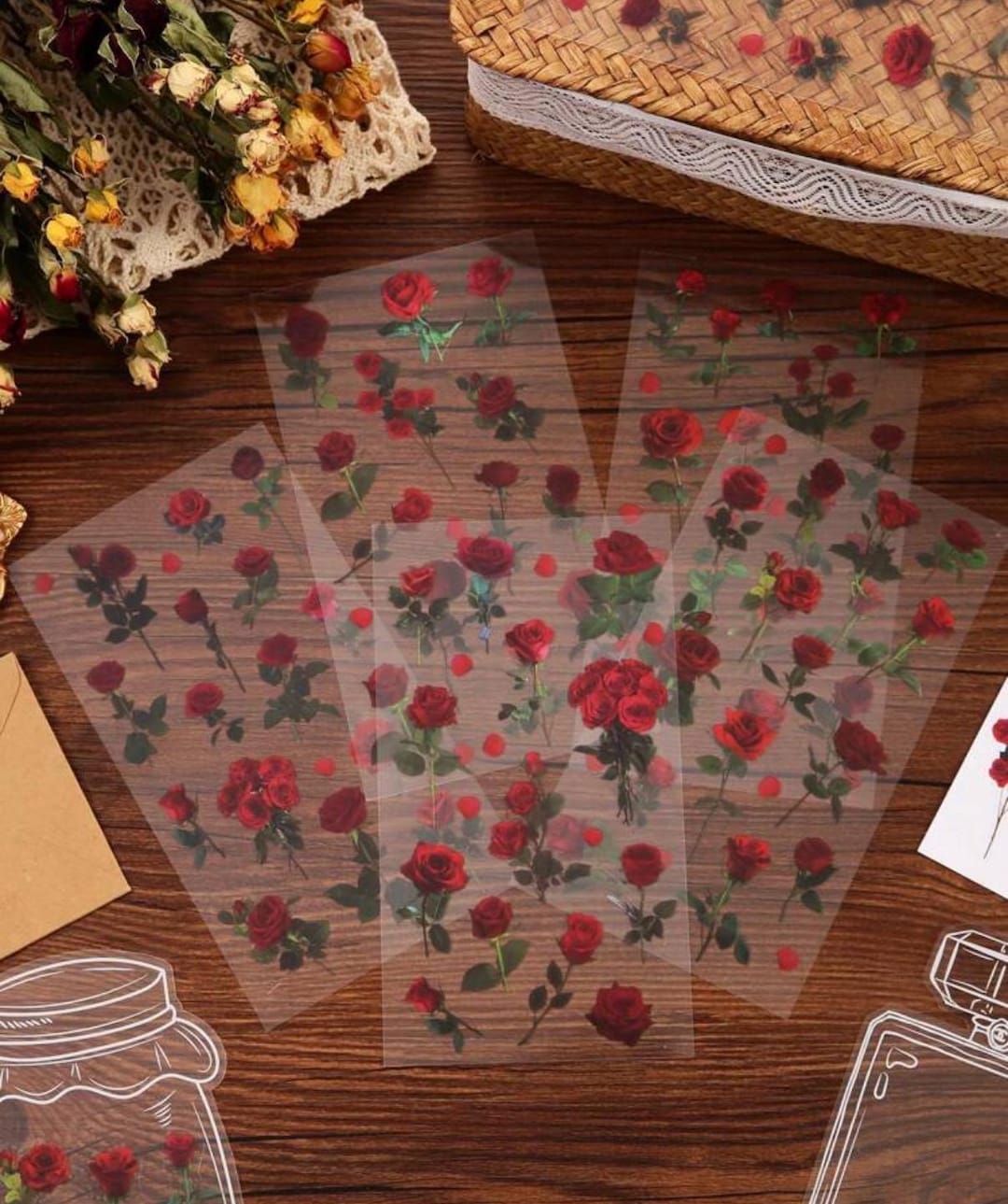 Red Rose Flower Sticker Sheet, Rose Stickers, Wild Flower Bouquet ...