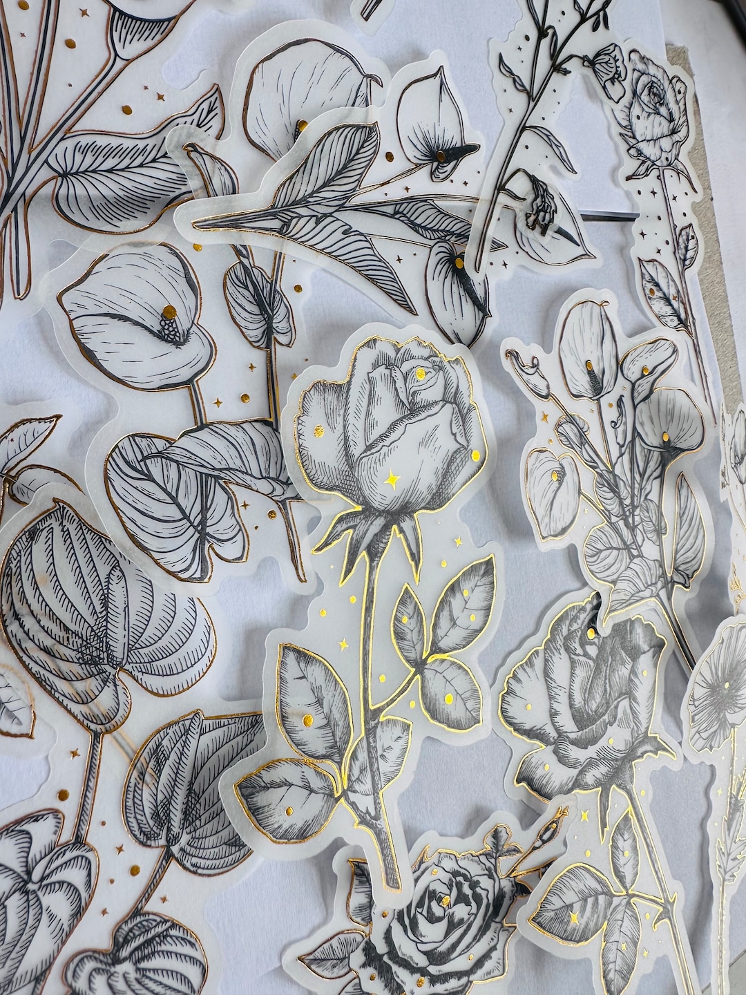 10 Black and White Gold Flower Sticker Pack | Paper Stickers, Gold ...