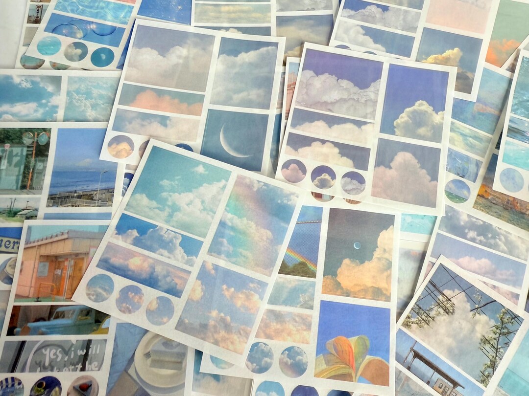 24 Aesthetic Blue Clouds Stickers, Sun, Sunset Orange Grey Themed ...