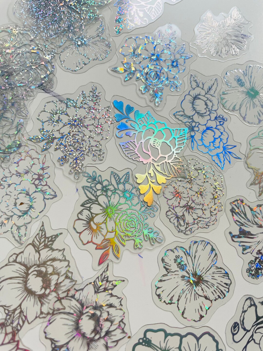 Sets of Small Silver Flower / Floral Holographic Golden Silver Stickers ...