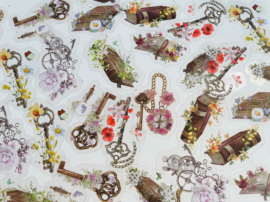 Vintage Keys Floral Stickers | Fairy Garden | Glass | Floral Garden ...