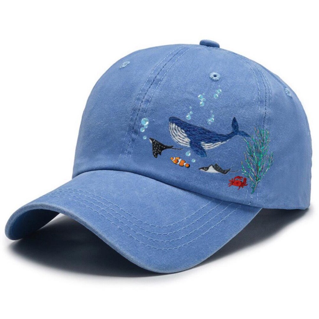 Hand Embroidered Ocean Hat, Cap Embroidered Whale and Stingray ...