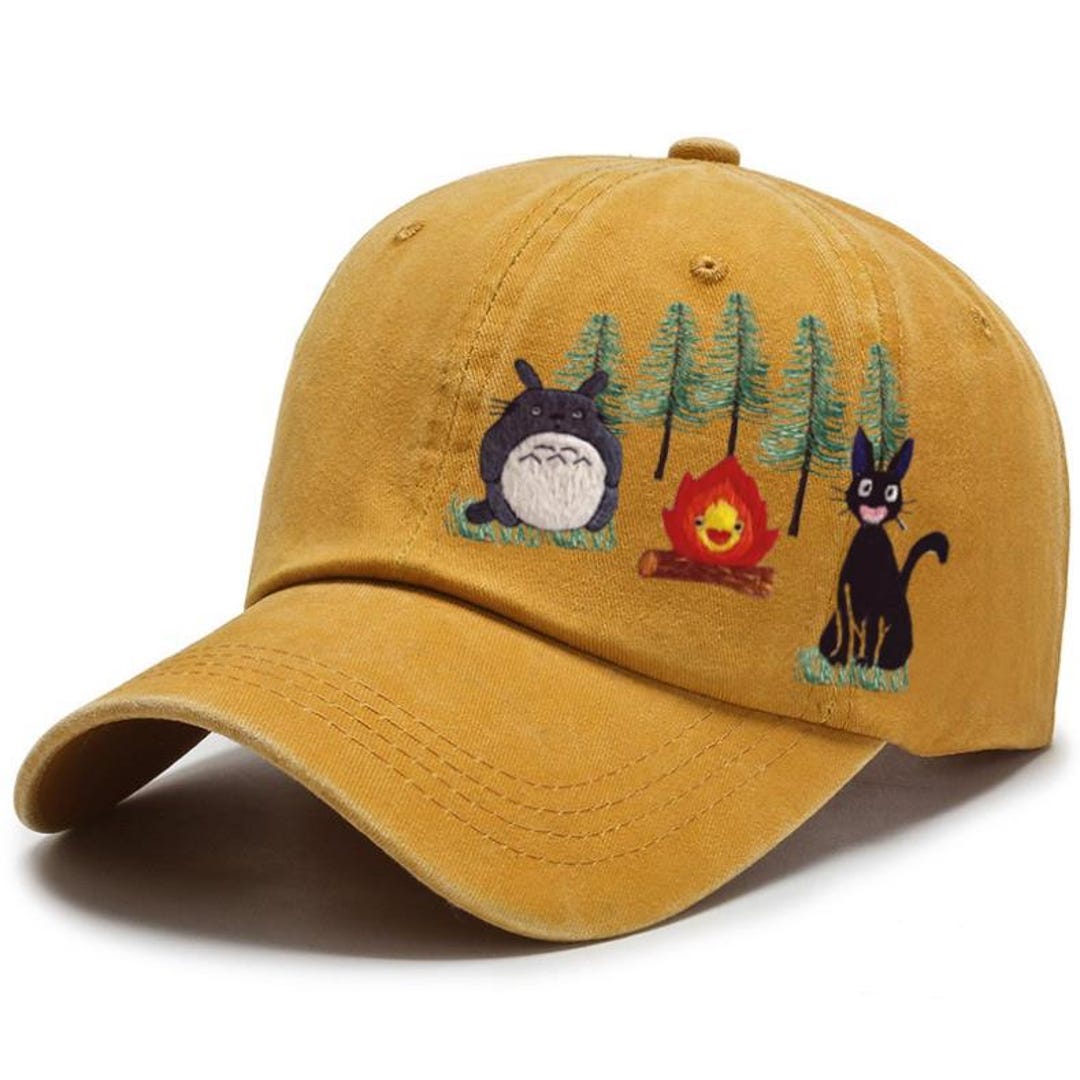 Hand Embroidered Totoro Cap, Baseball Cap Embroidered Calcifer, Ghibli ...