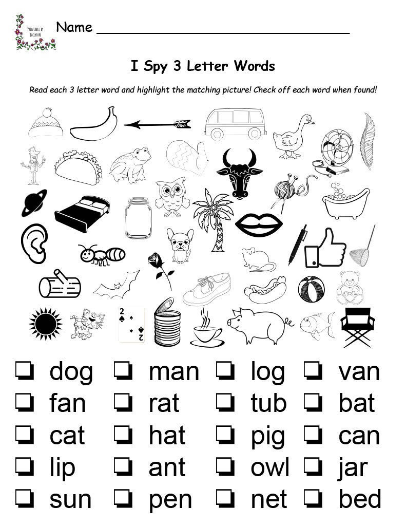 I Spy 3 Letter Words Printable Worksheet. Match Words to Pictures ...