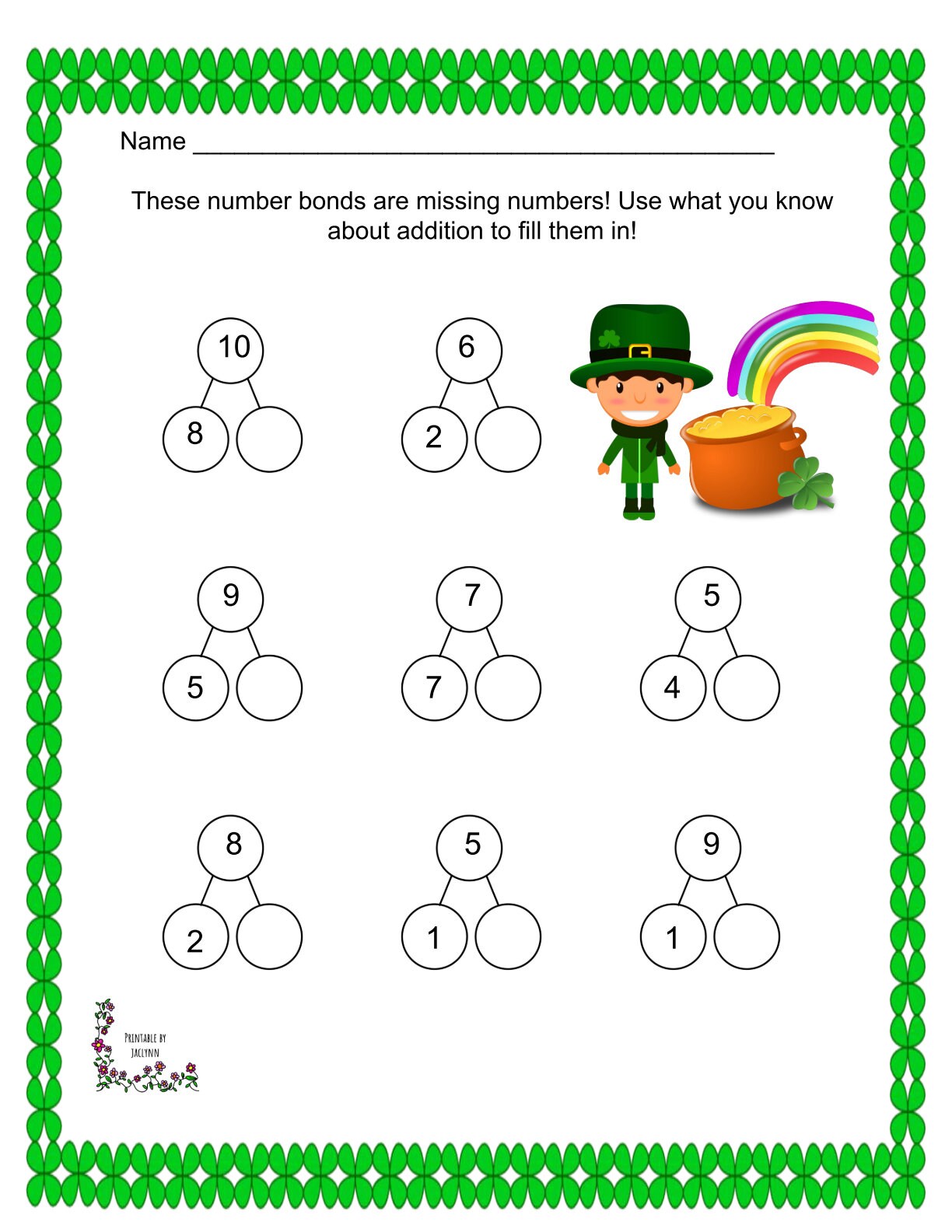 10 St. Patrick's Day Themed Printable Number Bond Worksheets, Single ...
