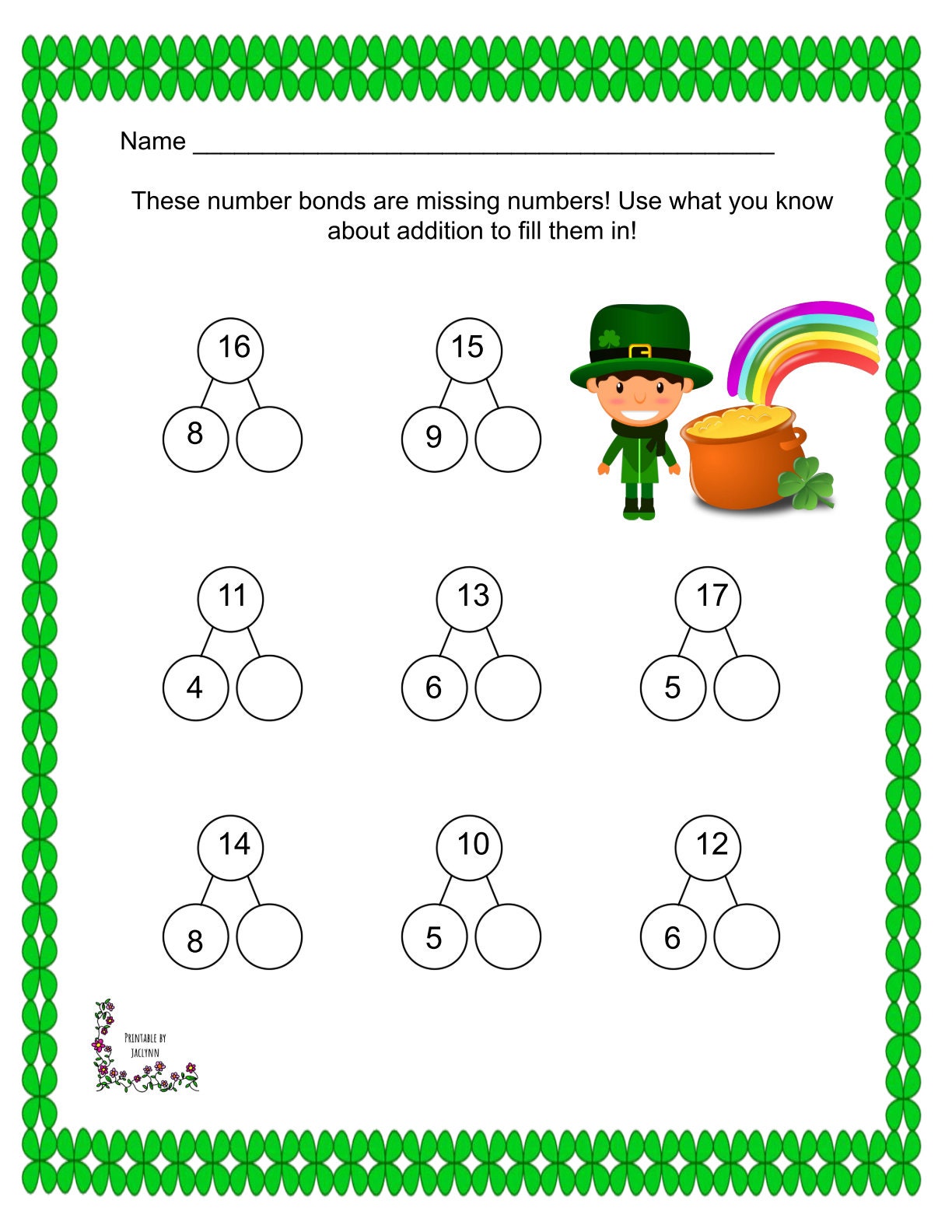 10 St. Patrick's Day Themed Printable Number Bond Worksheets, Single ...