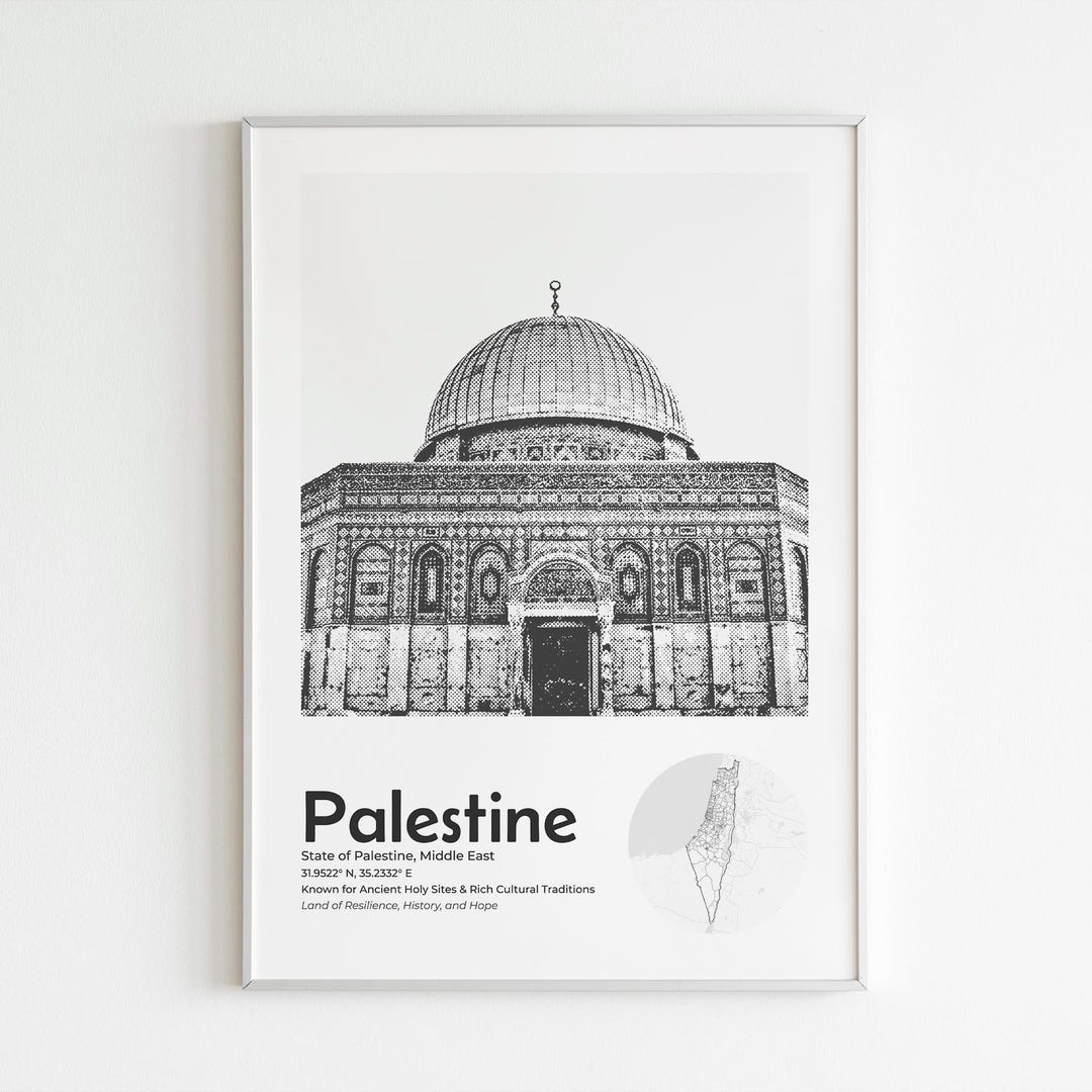 Palestine Map Art Print Poster: Dome of the Rock Minimalist Black and ...